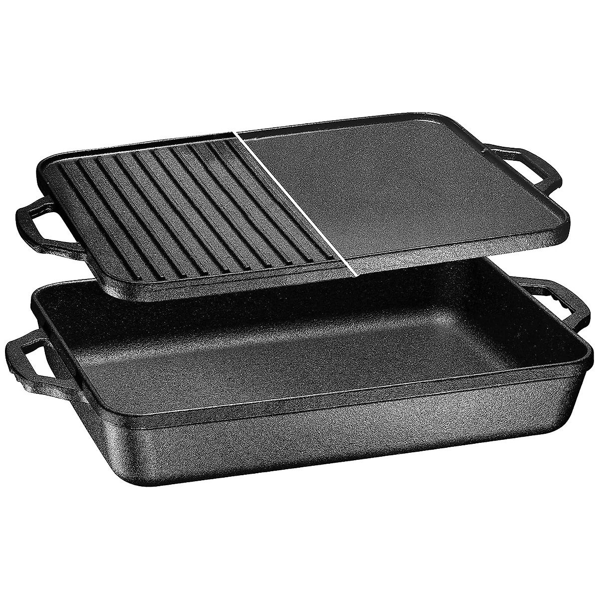 Bruntmor 3-In-1 Pre-Seasoned Cast Iron Pan with Reversible Grill Griddle Lid - 17.8"x11"x3.3" Non-Stick Multi Cooker Deep Roasting Grill Pan - Dutch Oven, Frying or Roasting Pan for Open Fire Camping