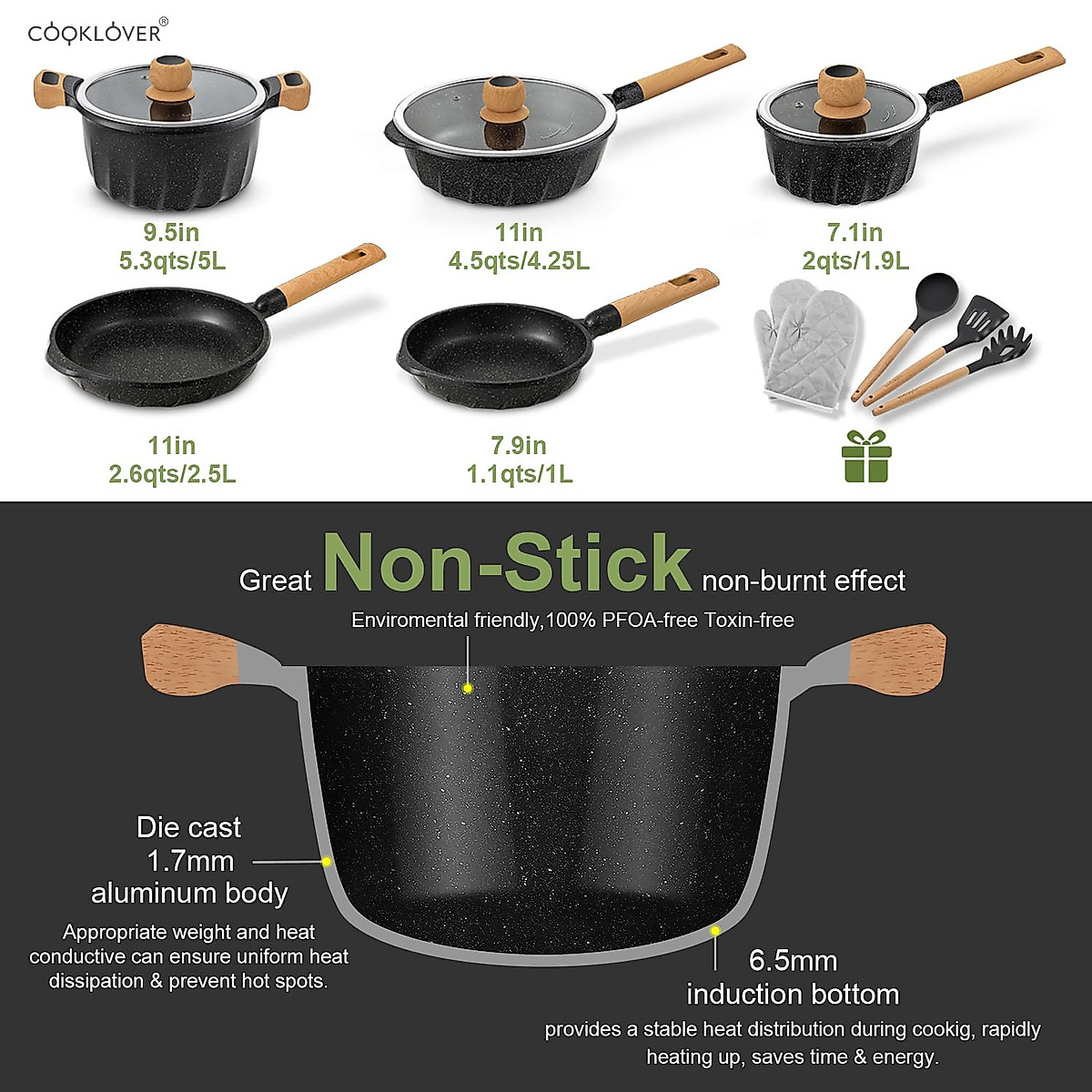 Nonstick Cookware Set Non Toxic 100% PFOA Free Compatible Induction Pots and Pans Sets with Glass Lid 13 Piece (Marble Black)