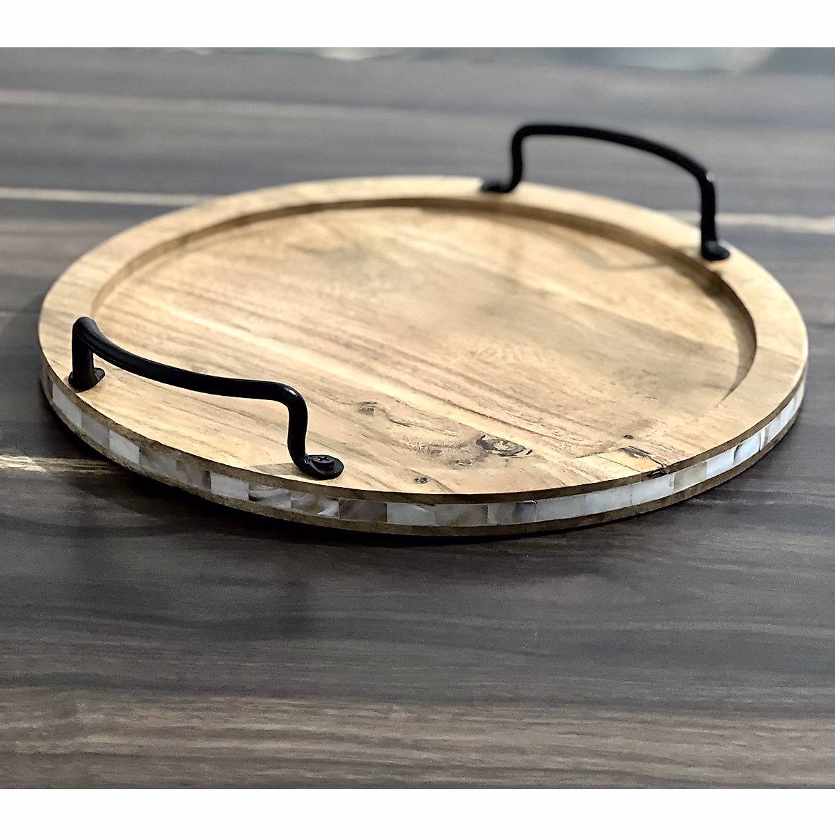 Handmade Wooden Acacia Round Serving Tray Beautiful Mother of Pearl Border Decorative Tray with Handles for Parties Large Handles for Easy Handling, Beautiful Wooden Tray for Multiple uses