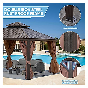 12 x 12FT Hardtop Gazebo - Outdoor Polycarbonate Double Roof Gazebo Canopy, Metal Frame Permanent Pavilion with Curtains and Netting for Garden Patio Backyard Party Deck Lawn