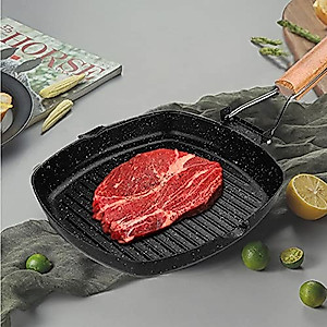 MasonOL20 Non-stick Grill Pan with Folding Handle for Meat, Fish and Vegetables For All Heat Sources 24cm/9.4IN for Stove Tops, Induction, Black