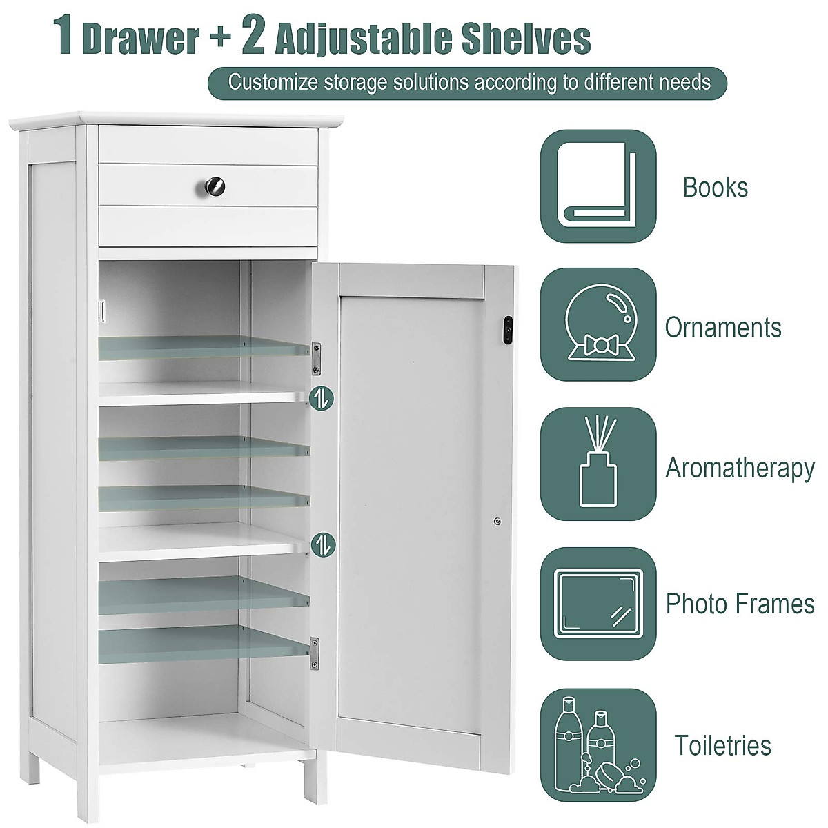 DORTALA Bathroom Floor Cabinet, Free-Standing Wooden Floor Storage Cabinet w/Large Drawer & 2 Adjustable Shelves, Morden Side Storage Bathroom Organizer Cabinet for Kitchen Living Room, White