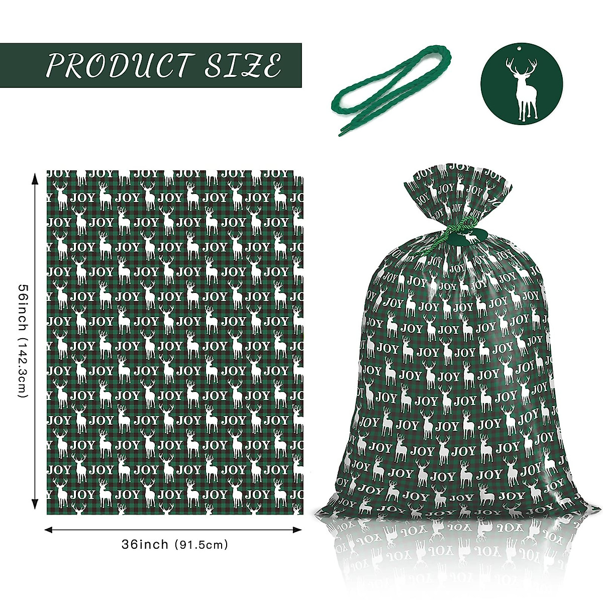Loveinside Jumbo Large Plastic Gift Bag, Christmas Design Plastic Bag with Tag and Tie for Holiday - 56" x 36", 1 Pcs - Green Reindeer