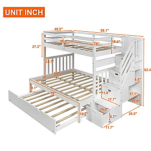 Harper & Bright Designs Stairway Twin Over Twin/Full Bunk Bed with Twin Size Trundle and Drawers, Solid Wood Bunk Bed Staircase Can be Placed on The Left or Right Side (White)