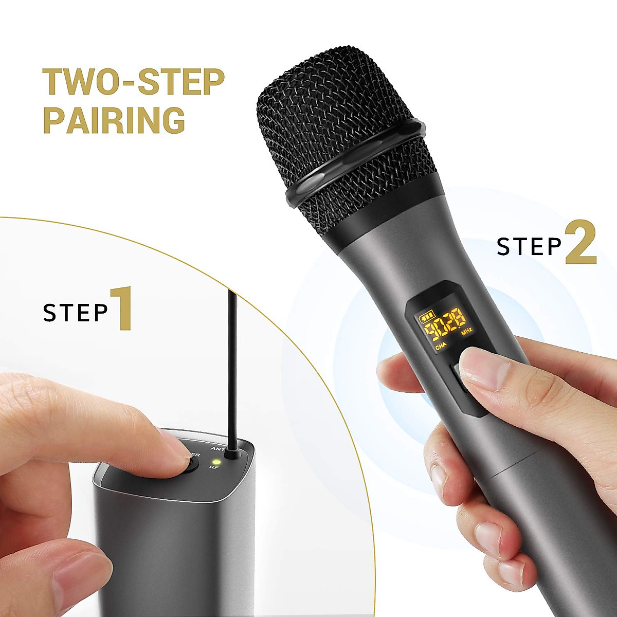 TONOR Wireless Microphone, UHF Metal Cordless Handheld Mic System with Rechargeable Receiver, for Karaoke, Singing, Party, Wedding, DJ, Speech, 200ft (TW620), Grey