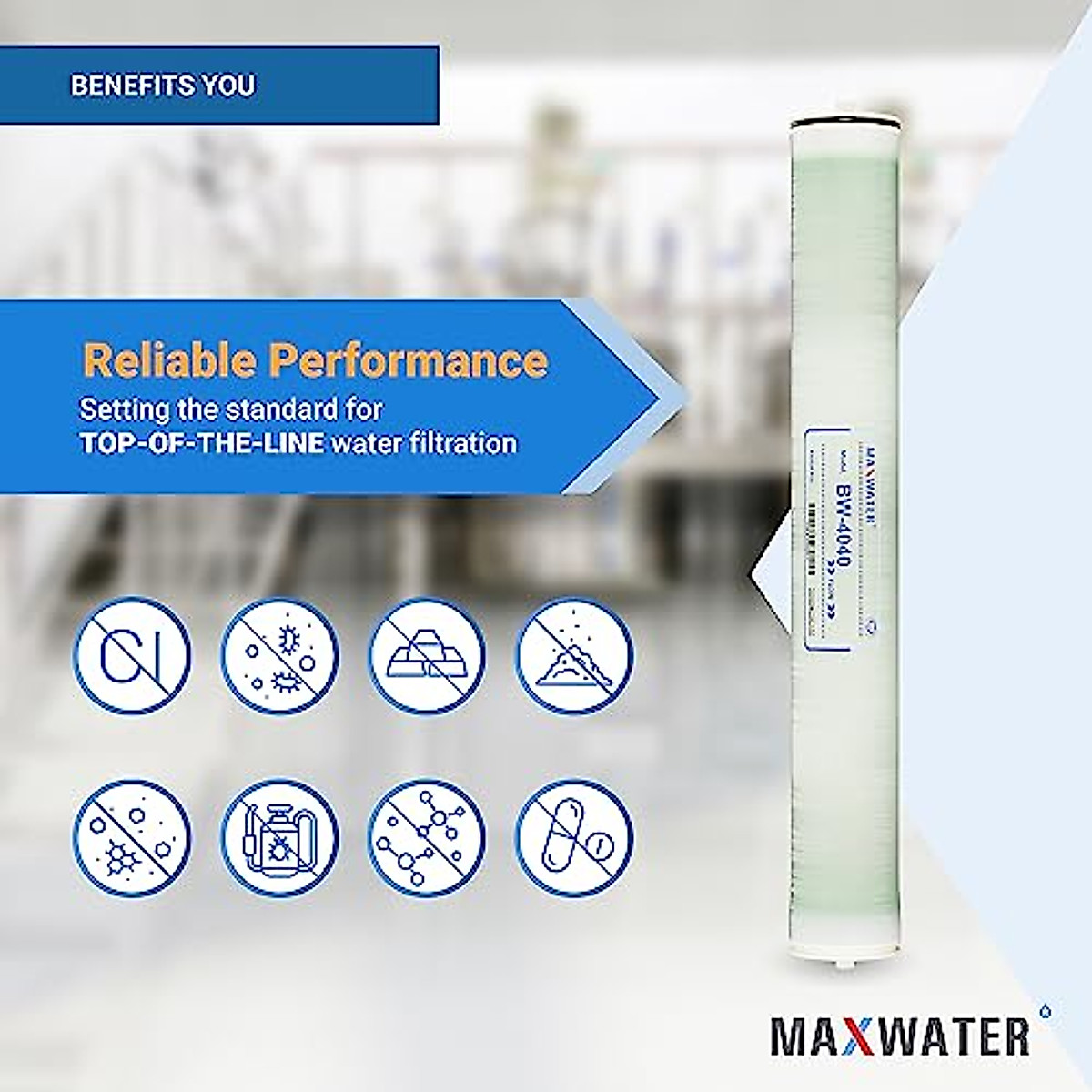 Max Water Brackish Water RO Membrane Element-BW-4040 2400 GPD, Commercial Reverse Osmosis size 4" x 40" good for Industrial, Car Wash, Whole House & more
