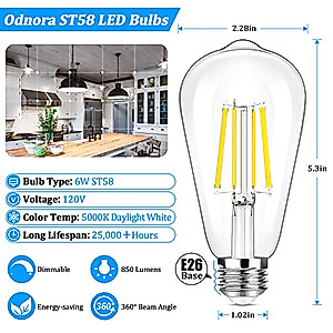 Odnora Dimmable E26 LED Bulbs 60W Equivalent 6W 850 Lumens Vintage LED Edison Bulbs, ST58 5000K Daylight White Edison Light Bulbs, Antique LED Filament Bulb with Clear Glass, 4 Packs
