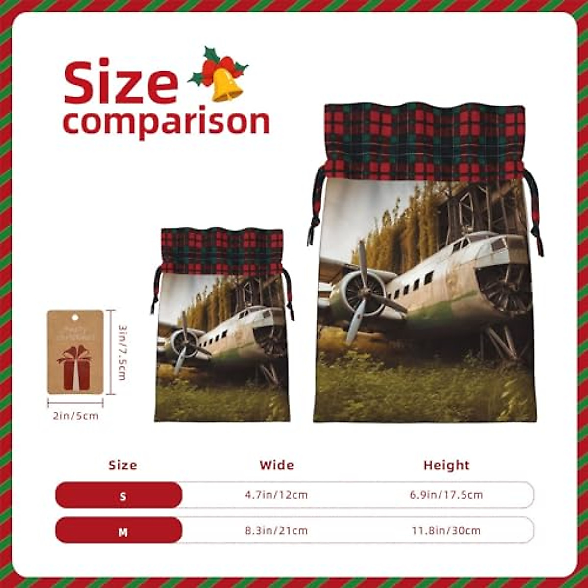 Christmas Gift Bags with Drawstring Burlap Gift Bags Abandoned Plane Christmas Linen Bags for Xmas Party Candy Bags with Cards Xmas Reusable Wrapping Bags Christmas Linen Treat Bags for Holiday