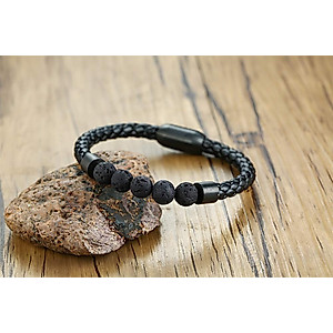Beads Leather Bracelet for Men - Black Natural Stone Bracelets,Trendy Lava Rock Bead Braided Leather Bracelets Jewelry for Him,Anniversary Birthday Valentine's Day Christmas Gift for Men Cross