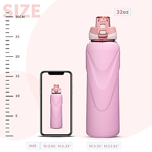 DEARRAY 32 oz Sports Glass Water Bottle with Straw & Silicone Sleeve Reusable BPA-free Borosilicate Glass Drinking Bottle with Flip Top Lid & Handle Wide Mouth (Pastel Pink)