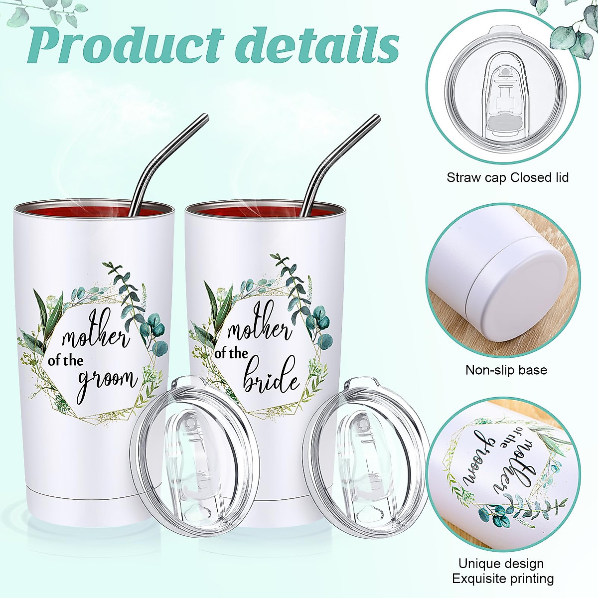 4 Pack Mother of the Groom Gifts Mother of the Bride Tumblers Cup Bride Makeup Bags Stainless Steel Groom Mug Mother Cosmetic Bag Wedding Gift for Bridal Shower Travel Party Favor(Green Leaves)