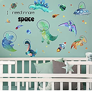 Yovkky Boys Space Dinosaurs Astronauts Wall Decal, Funny Peel Stick Dino Animal Planet Stickers Nursery Spaceship Rocket Decor, Home Baby Room Decorations Kids Bedroom Playroom Art Party Supply Gift