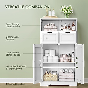 Iwell Storage Cabinet, Bathroom Cabinet with 2 Drawers & Adjustable Shelves, Bathroom Storage Cabinet with Doors for Living Room, Kitchen, Home Office, White