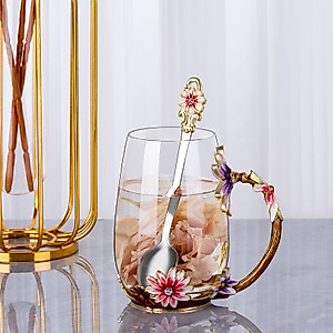 SHEEYEE Gift for Women Tea Cup with Spoon Enamel Daisy Flower Glass Teacup Tea Sets for Women Mother's Day Christmas Birthday Valentine's Day