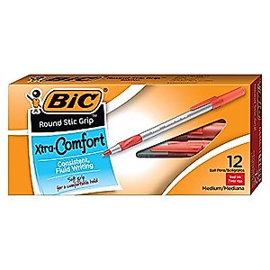 BIC Round Stic Grip Xtra Comfort Ballpoint Pen, Medium Point (1.2mm), Red, 12-Count