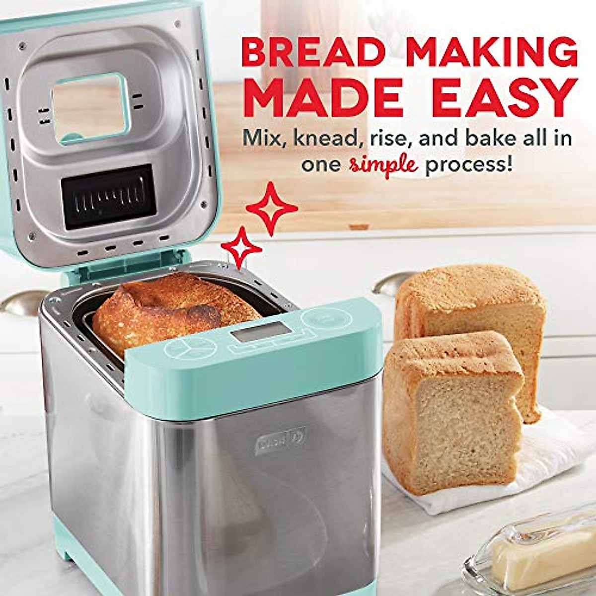 Dash Everyday Stainless Steel Bread Maker, Up to 1.5lb Loaf, Programmable, 12 Settings + Gluten Free & Automatic Filling Dispenser - Aqua