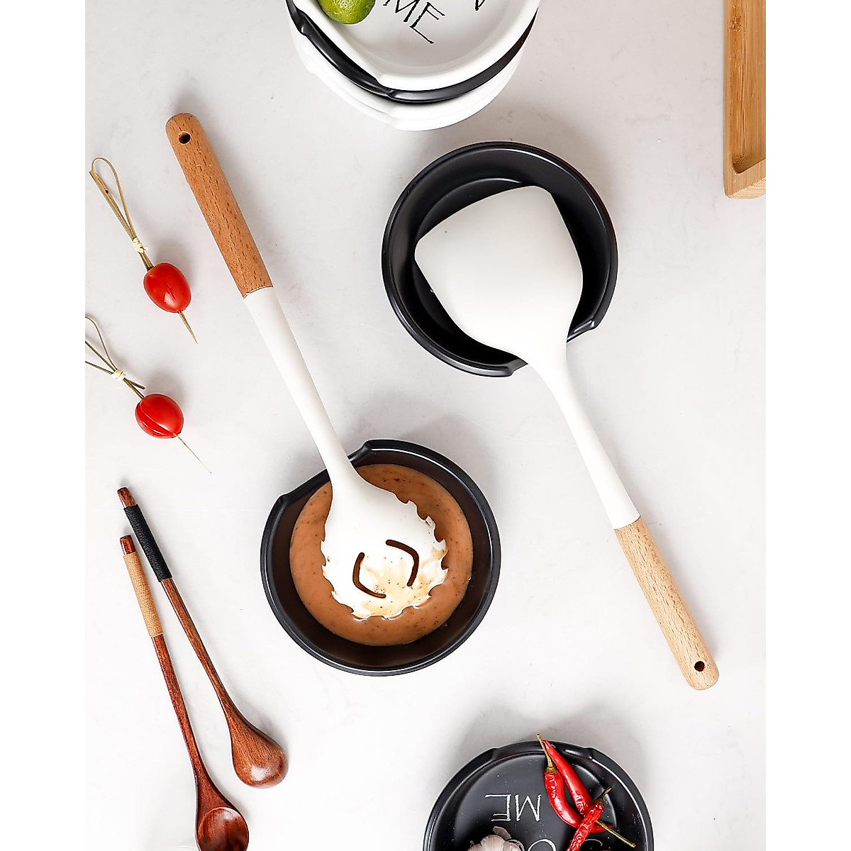 BosilunLife Kitchen Spoon Rest - Ceramic Spoon Rest for Stove Top Small Coffee Spoon Rest Cute Spoon Holder for Kitchen Counter Cooking Utensil Rest for Countertop, Set of 4, Black