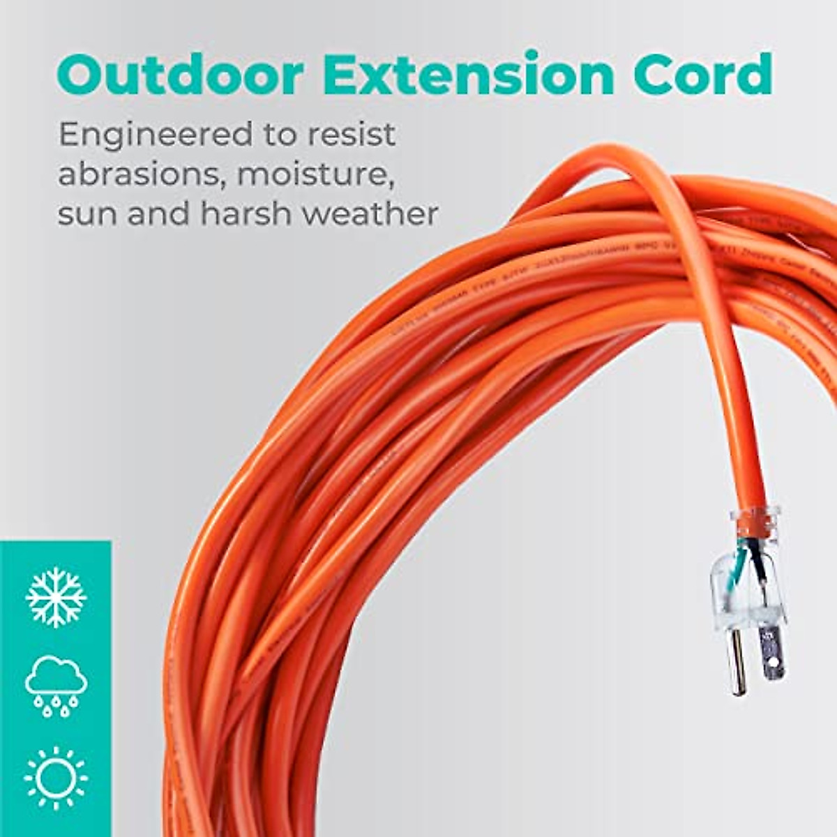 KMC 50ft 16AWG Outdoor Extension Cord, SJTW 16/3 Lighted Power Cord, Bright Orange, ETL Certified (50ft/15.24m)