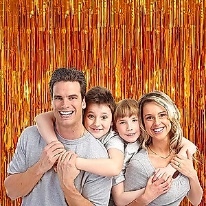 2 Pack 3.2x8.2ft Tinsel Foil Fringe Curtains, Streamers Backdrop Curtains with Adhesive, Photo Booth Background - Home Wall Window Decorations for Birthday, Wedding Party Decor, Orange