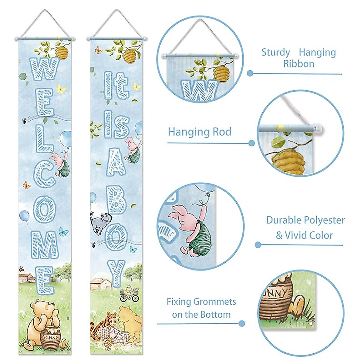 Classic Winnie Porch Sign for Boys Baby Shower Party the Winnie Bear Themed Yard Banner Blue Winnie Bear Party Decorations Polyester Welcome Door Hanging Decor Windproof Party Supplies 2PCS 12"X71"