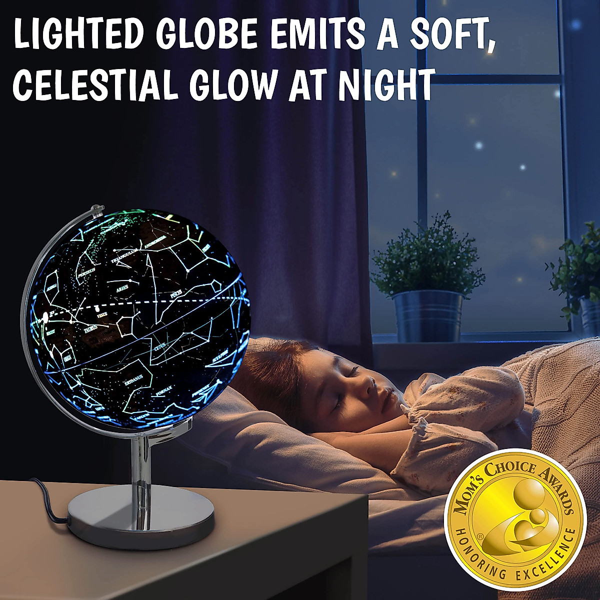 USA Toyz Illuminated Globe of the World with Stand - 3in1 World Globe, Constellation Globe Night Light, and Globe Lamp with Built-In LED, Easy to Read Texts, and Non-Tip Base, 13.5 Inch Tall