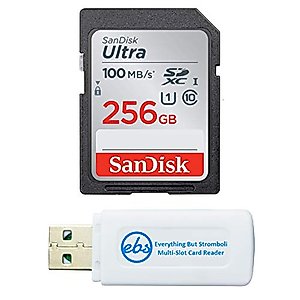 SanDisk 256GB SDXC SD Ultra Memory Card Works with Canon EOS Rebel T7, Rebel T6, 77D Digital Camera Class 10 (SDSDUNR-256G-GN6IN) Bundle with (1) Everything But Stromboli Combo Card Reader