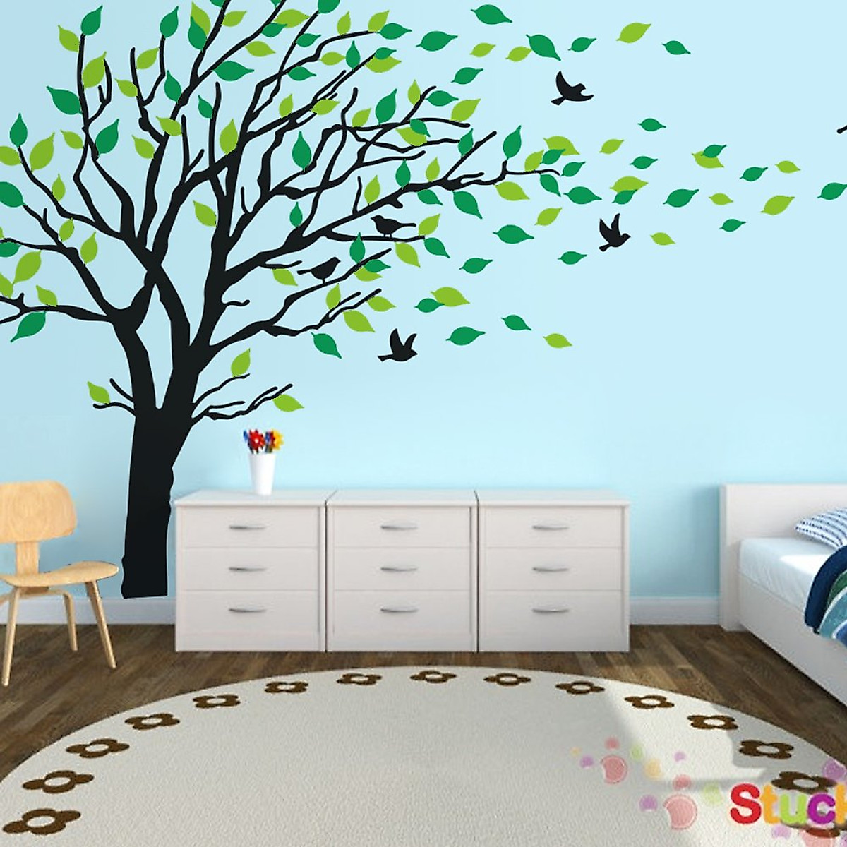 Large Tree Blowing in The Wind Tree Wall Decals Sticker Wall Mural Removable DIY Wall Sticker Vinyl Art Kids Rooms Teen Girls Boys Wallpaper Nursery Room Decor (Black and Green,Right)