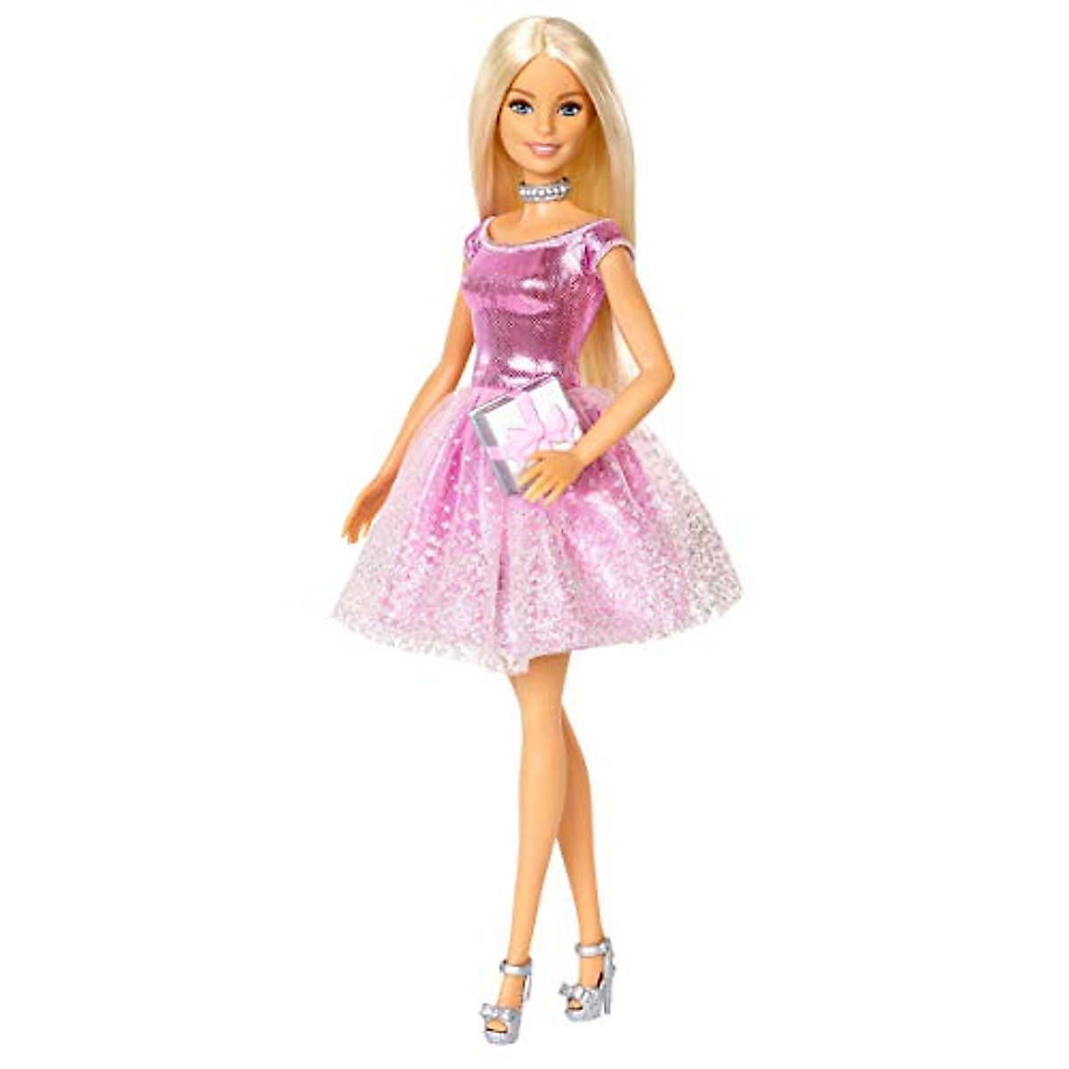 Barbie Happy Birthday Doll with Blonde Hair and Blue Eyes, Pink Glitter Party Dress, Gift and Silvery Accessories (Amazon Exclusive)