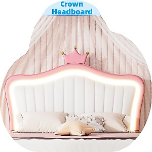 Linique Queen Size Upholstered Bed Frame with LED Lights, Modern Upholstered Princess Bed with Crown Headboard, White+Pink