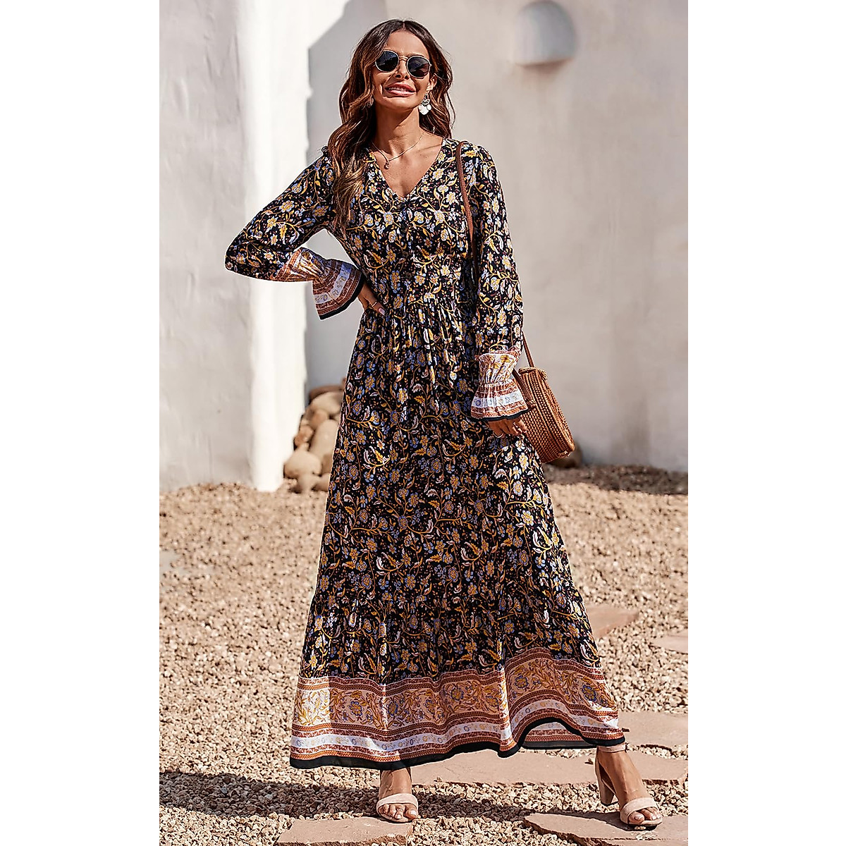 PRETTYGARDEN Long Dress Long Sleeve - Floral Button V Neck Casual Spring Boho Maxi Dresses (Black Yellow,X-Large)