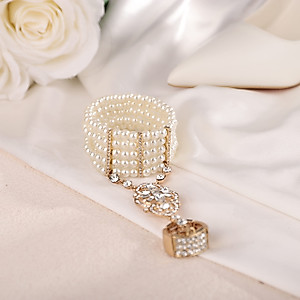 YERTTER Vintage Flapper Pearl Stretch Link Gold Rhinestone Ring Bracelet 1920s Hand Chain Accessories for Weddindg Brides Party Adjustable Bracelet