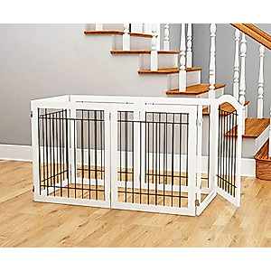 PAWLAND 144-inch Extra Wide 30-inches Tall Dog gate with Door Walk Through, Freestanding Wire Pet Gate for The House, Doorway, Stairs, Pet Puppy Safety Fence, Support Feet Included, White,6 Panels
