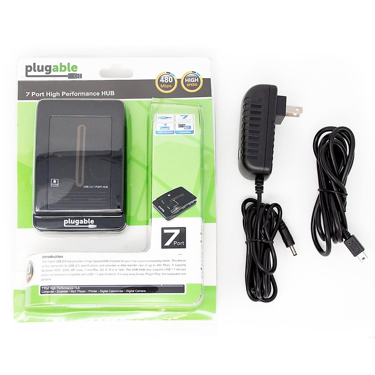 Plugable USB 2.0 7-Port High Speed Hub with 15W Power Adapter - Driverless