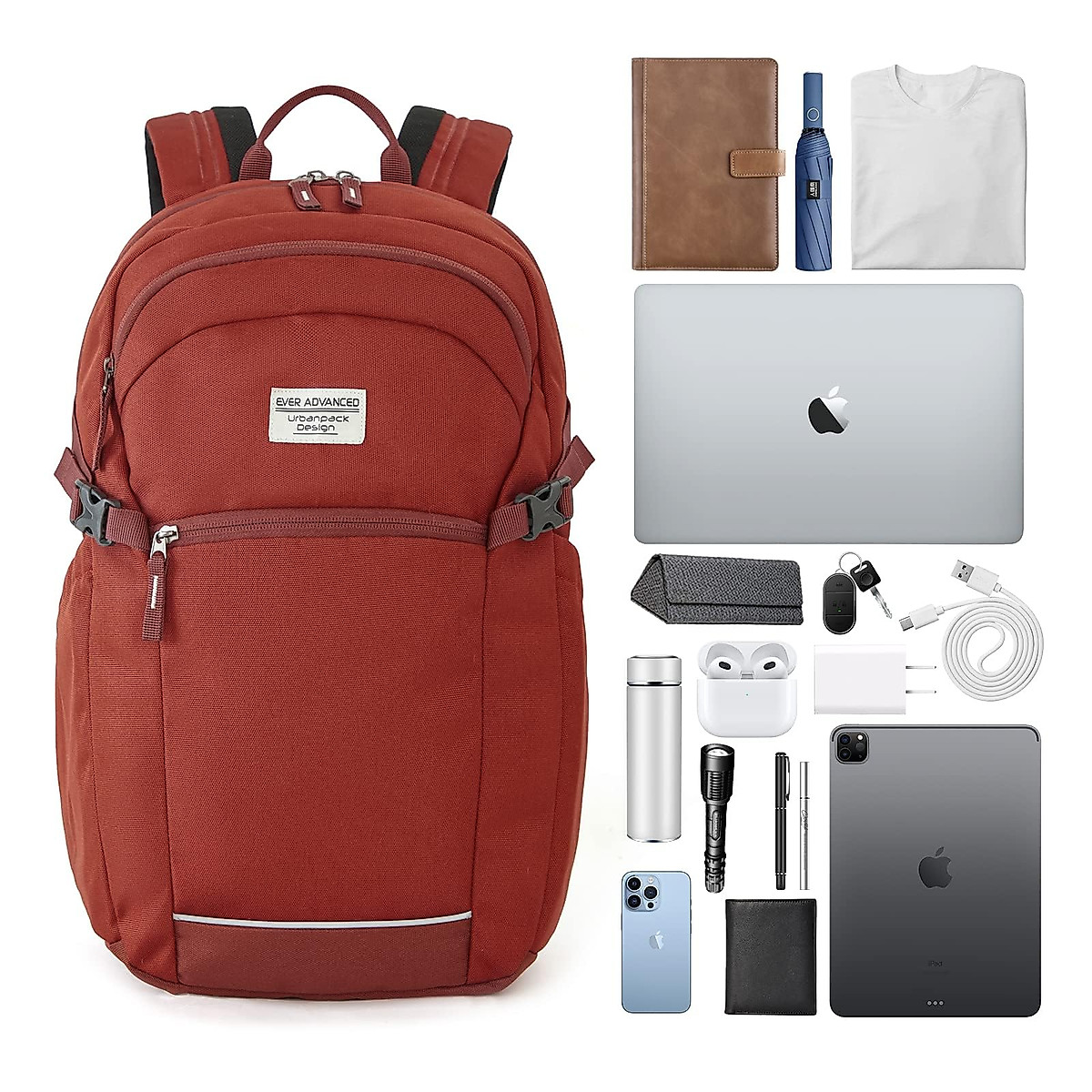 EVER ADVANCED Work Backpack, Travel Laptop Backpack for Women Men with Luggage Sleeve, Fit 15.6Inch Laptop, Water Resistant Bookbag Carry on BagPack, Red