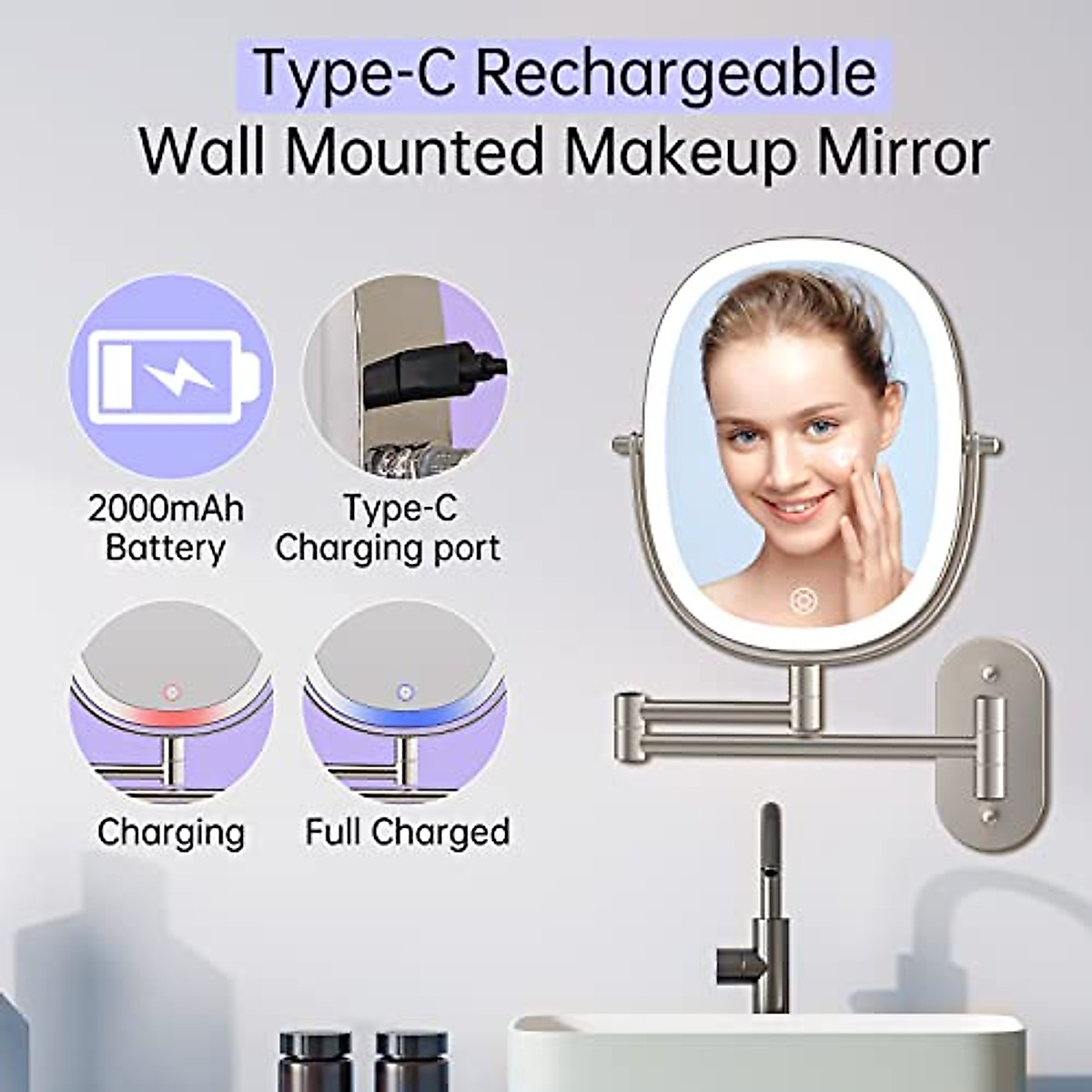 Rechargeable Wall Mounted Lighted Makeup Vanity Mirror, Double Sided 1X/7X Magnifying Mirror, 3 Color Lighting Option Dimmable, 360 Rotation Extension Foldable Arm, Oval Frame Shaving Light up Mirror