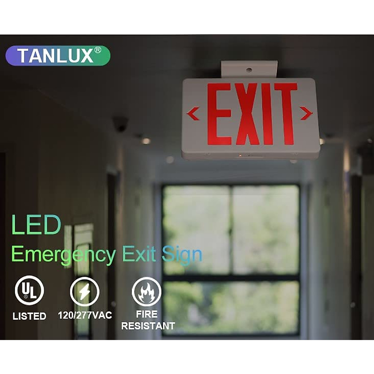 TANLUX Red Exit Sign, LED Emergency Exit Light with Battery Backup, UL Listed, AC 120/277V, Exit Signs with Emergency Lights, Commercial Emergency Lights for Business - 1 Pack