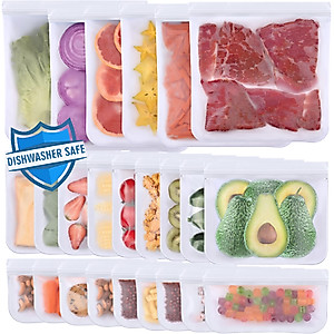 Lerine 24 Pack Dishwasher Safe Reusable Bags Silicone, Leakproof Reusable Freezer Bags, BPA Free Reusable Food Storage Bags for Lunch Meat Veggies (6 Gallon 9 Sandwich 9 Snack Bags) - White