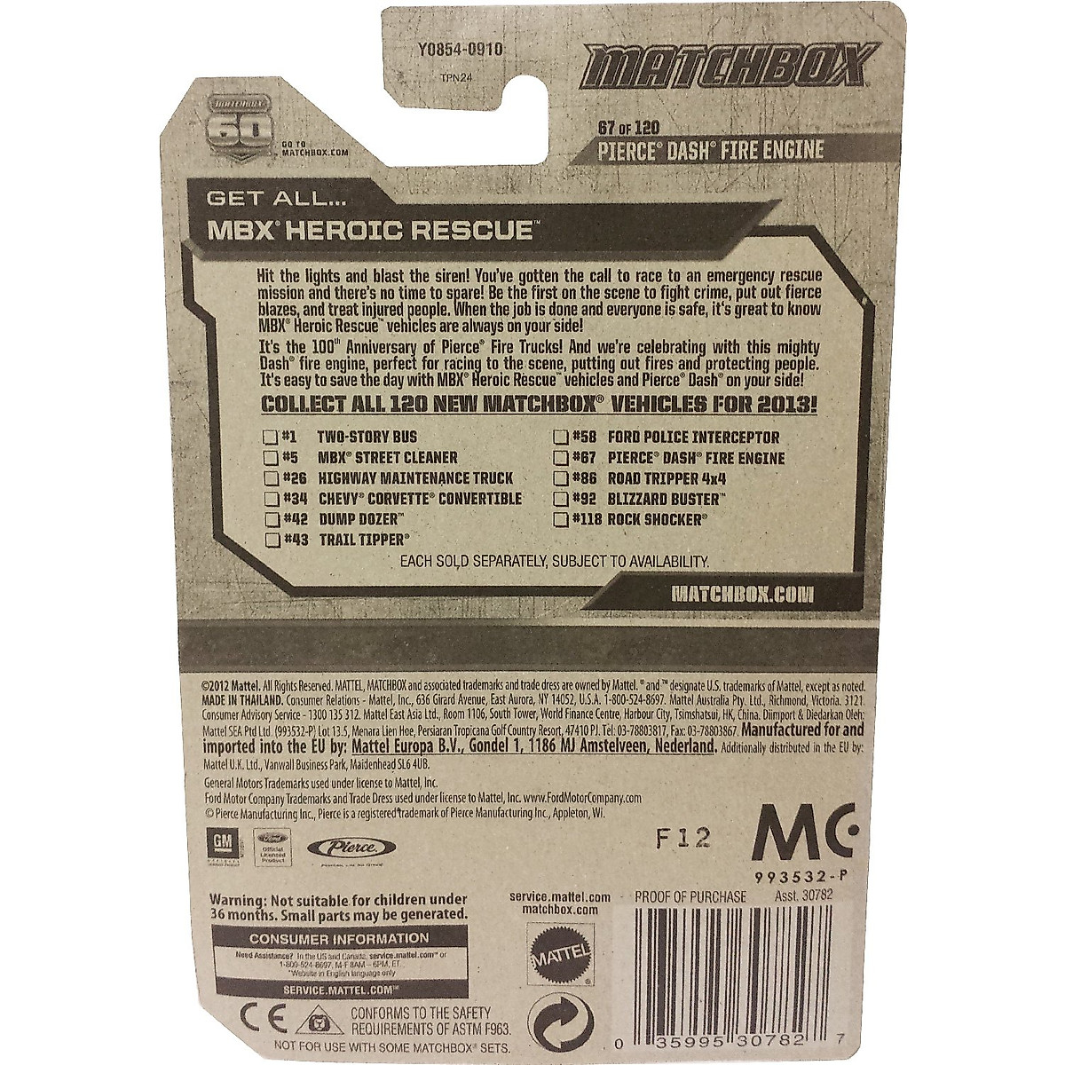 2013 Matchbox MBX Heroic Rescue Pierce Dash Fire Engine Red 100 YEARS
