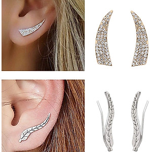 MERNARLAR 9 Pairs Gold Silver Rose Gold Crystals Ear Cuffs Earrings Simple Chic Hollow Leaf Crystal Ear Crawlers Earrings Set Hypoallergenic Earring