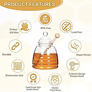 HAPPi STUDIO 13.5 Oz Honey Pot with Dipper - Extra Honey Dipper Stick - Glass Honey Jar and Dipper Set - Honey Jars with Dipper - Honey Containers with Dipper - Honey Dispenser - Honey Holder