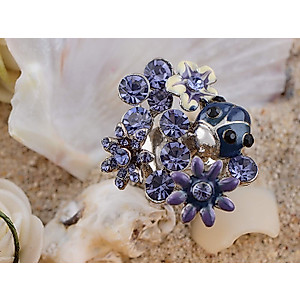 Alilang Womens Adjustable Silvery Tone Purple Rhinestones Spring Floral Flowers Ladybug Ring