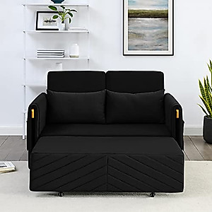 CALABASH Sofa Bed,Pull Out Couch Bed Sleeper Sofa,54" Modern Convertible Velvet Loveseat with 2 Pillows and Side Pockets, Small Love seat Sofa Bed w/Headboard for Living Room, Apartment (Black)