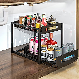 SHCAPENM Under Sink Organizers and Storage, 2 Tiers Bathroom Under Sink Organizers with Sliding Drawer Under Cabinet Basket Organizer Black for Bathroom Kitchen Countertop