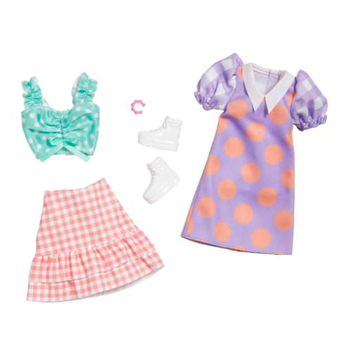 Barbie Fashions 2-Pack, 2 Outfits & 2 Accessories: Polka Dot Blouse & Gingham Skirt, Polka Dot Dress with Collar, Bracelet & Boots, Kids 3 to 8 Years Old