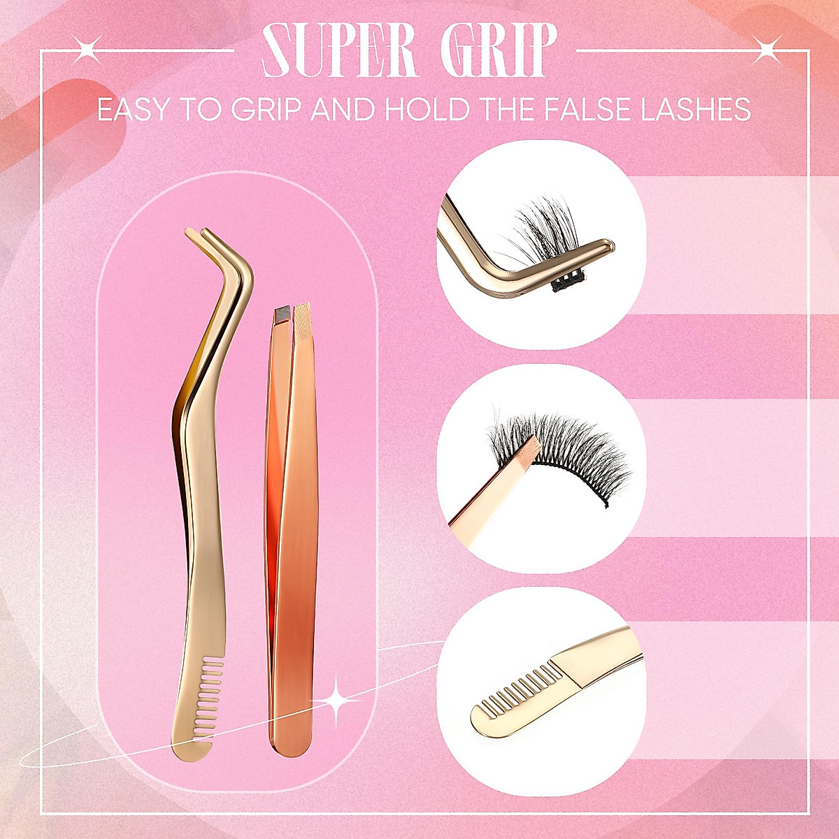 Lasnten 4 Pcs Eyelash Applicator Tool, Lash Tweezers for Eyelash Extensions, Stainless Steel Lash Cluster Tweezers Brush with Little Boxes, DIY Lash Applicator Tweezers Set(Gold)