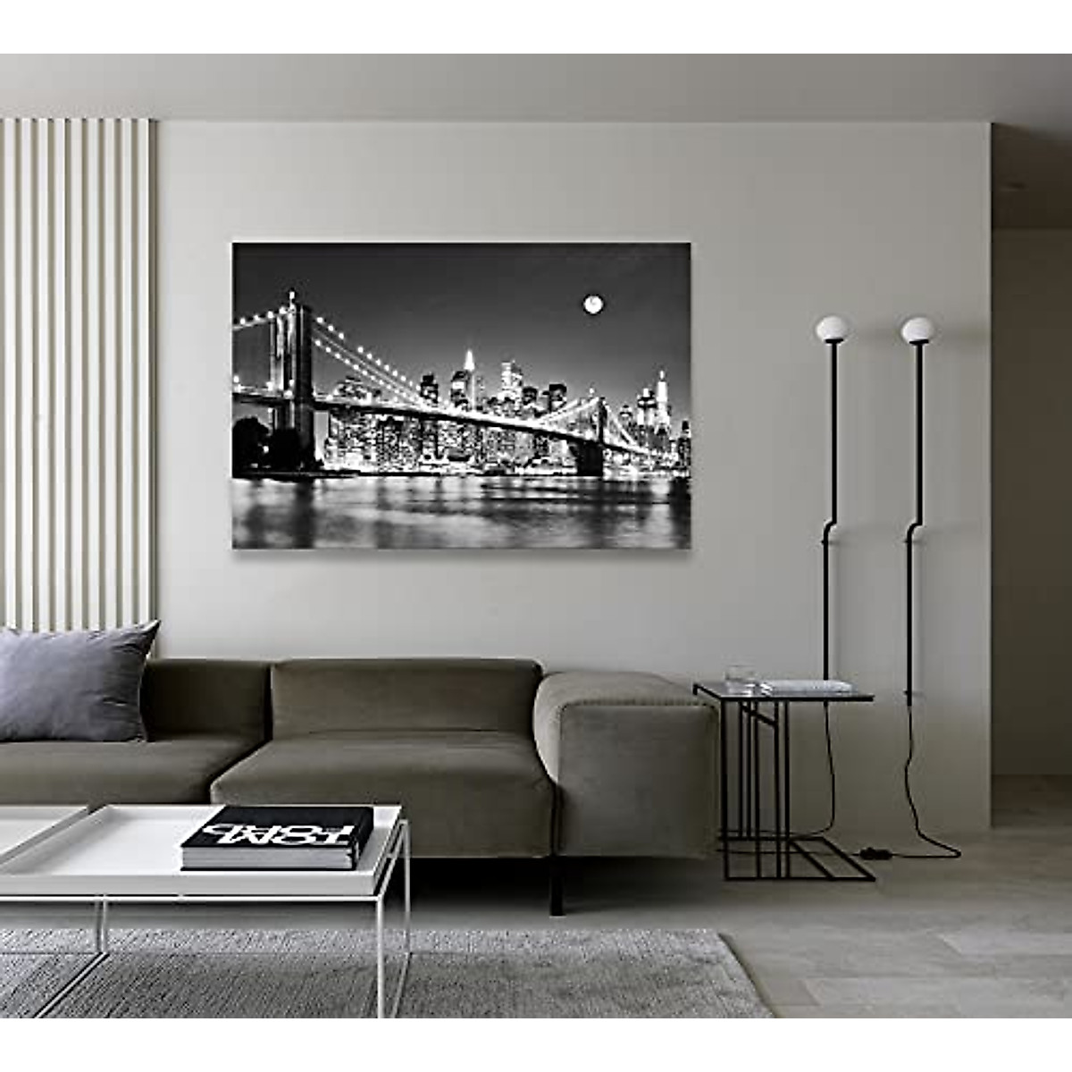Baisuart-Q30369 Brooklyn Bridge Night View 1 Panels Landscape Artwork Canvas Prints Moon Night New York City Scene Picture Paintings Black and white Wall Art for Oiffce Home Decorations Wall Decor