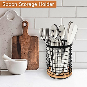 Toosci Utensil Holder for Kitchen Counter, Cooking Utensils Holder, Black Metal+Wooden Base Utensil Holder, Breathable and Easy to Dry+Rotatable+Drainage Holes, Kitchen Countertop Utensil Organizer