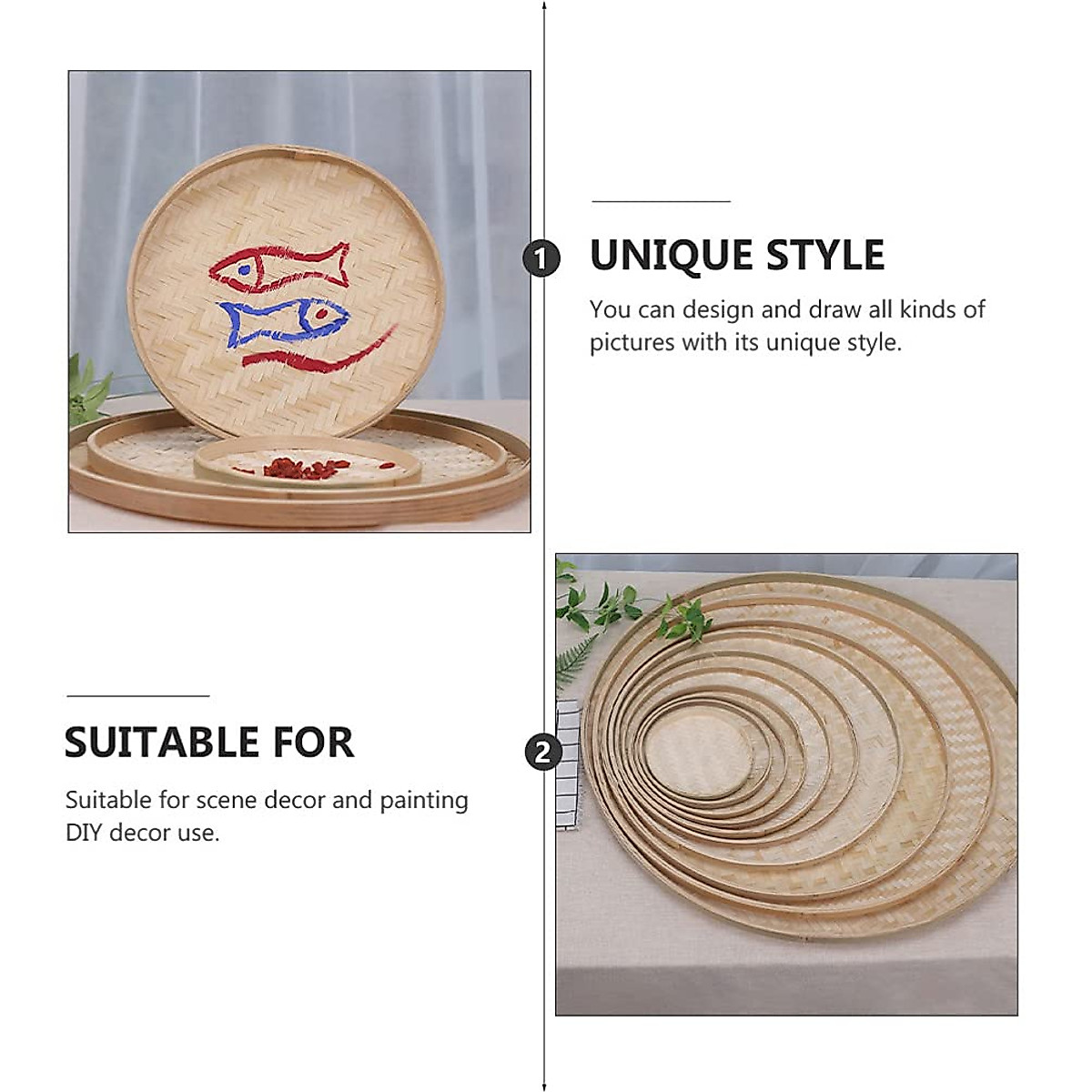 Healifty 4 Pcs Handwoven Flat Wicker Round Fruit Basket Woven Food Storage Weaved Shallow Tray Organiser Vegetable Fruit Bowl Kids DIY Drawing Board Wall Basket Decor for Kitchen Table Centerpiece