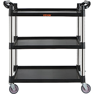 VEVOR Utility Service Cart, 3 Shelf Heavy Duty 154LBS Food Service Cart, Rolling Utility Cart with Lockable Wheels, 32.7" x 15.7" x 37.4" Plastic Utility Cart for Kitchen Office Restaurant Home, Black
