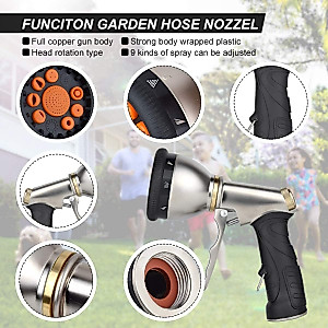 HouGariee Hose Nozzles 9 Adjustable Patterns Hose Spray Nozzle Heavy Duty Metal Hose Nozzle Spray Slip Resistant Water Sprayer for Cleaning/Watering Lawn Garden/Pets Shower/Car Washing, silvery-4